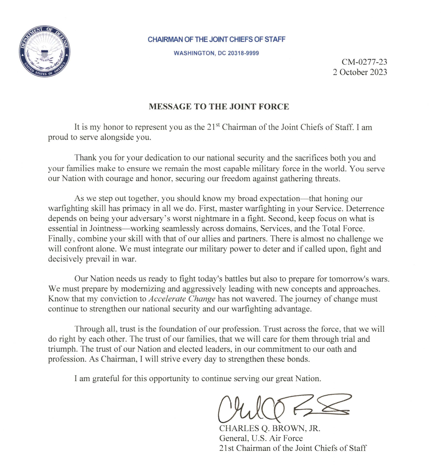 Brown's First Message to the Force as Chairman: ‘Accelerate Change ...